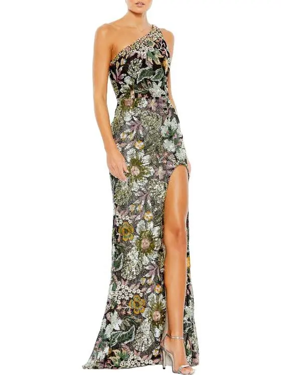 Mac Duggal Embellished Floral One Shoulder Gown - Black Multi