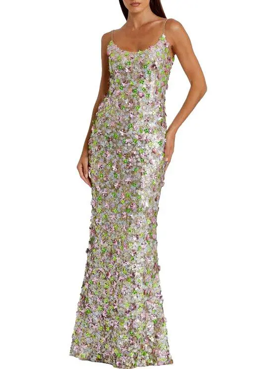 Mac Duggal Floral Embellished Mesh Gown - Pastel Multi