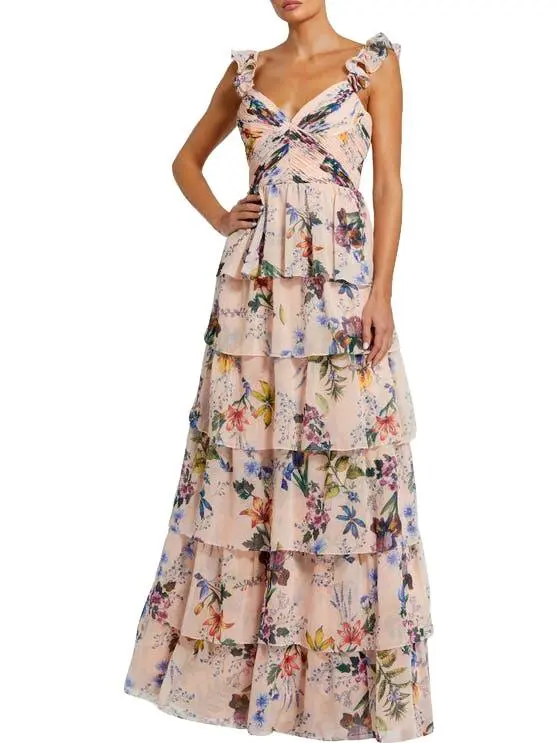 Mac Duggal Ruffle Sleeveless Chiffon Tiered Floral Print Gown - Pink Multi