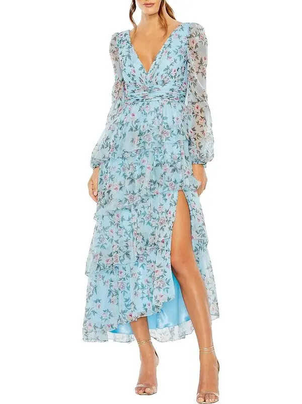 Mac Duggal Puff Sleeve Floral Printed Midi Dress - Aqua Multi