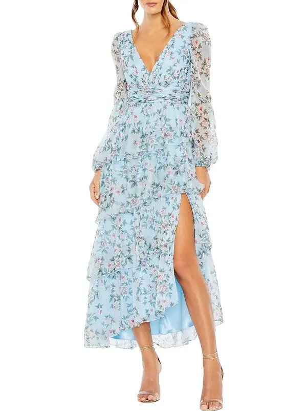 Mac Duggal Puff Sleeve Floral Printed Midi Dress - Aqua Multi