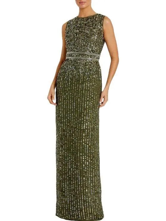 Mac Duggal Sequined High Neck Column Gown - Olive