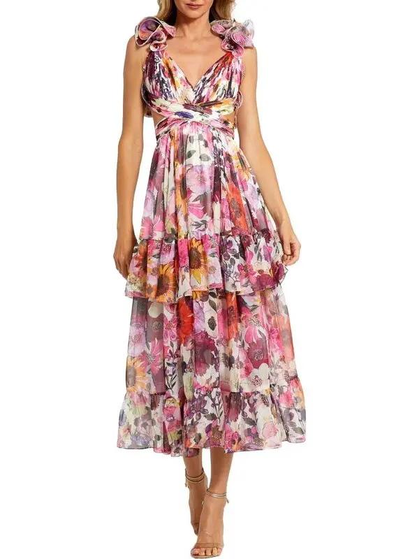 Mac Duggal Ruffle Tiered Floral Chiffon Dress With Cut-out Detail - White Multi