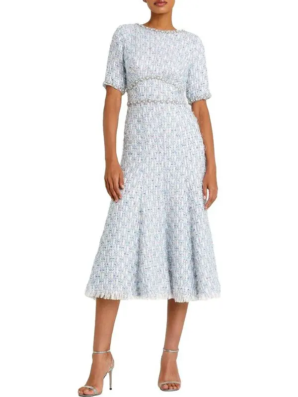 Mac Duggal Short Sleeve Beaded Boucle Midi Dress - Blue Multi