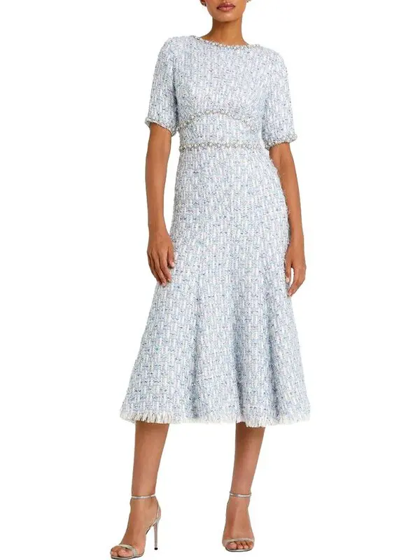 Mac Duggal Short Sleeve Beaded Boucle Midi Dress - Blue Multi
