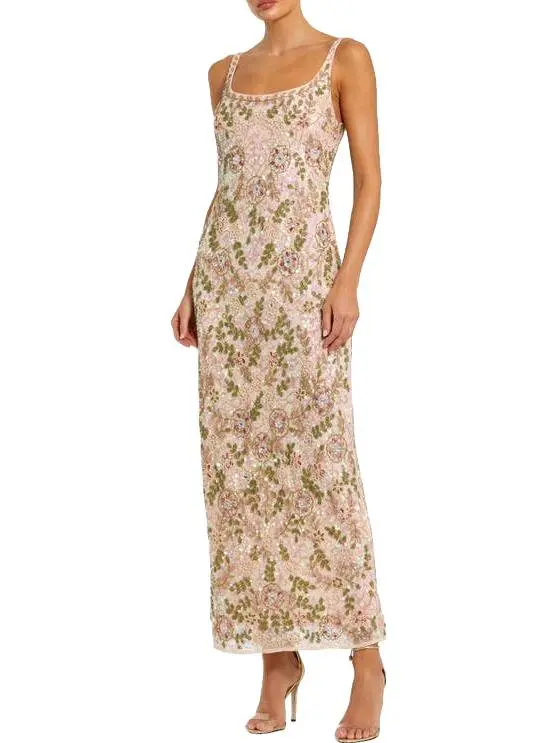 Mac Duggal Hand Beaded Floral Midi Dress - Beige Multi