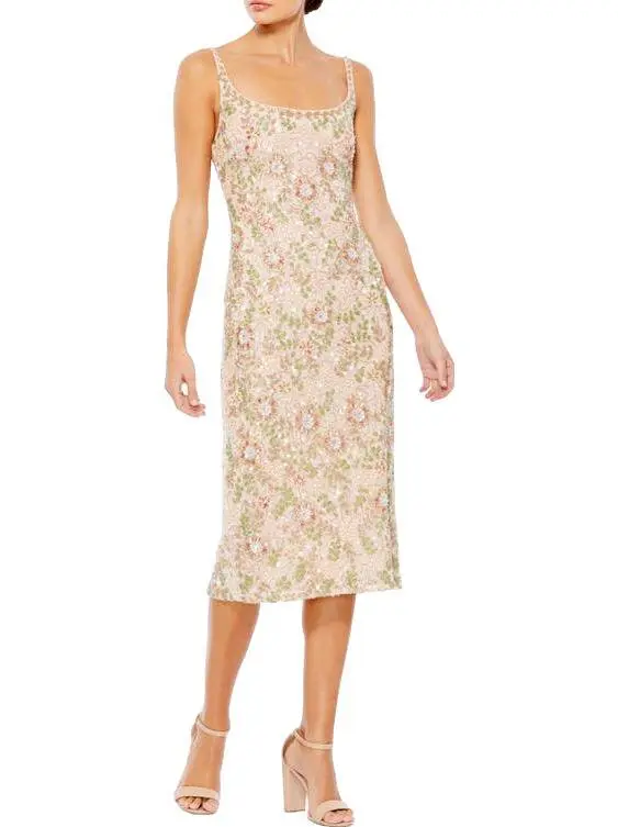 Mac Duggal Hand Beaded Floral Midi Dress - Nude Multi