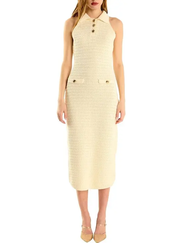 Endless Rose Open Stitch Collared Midi Dress - Ivory