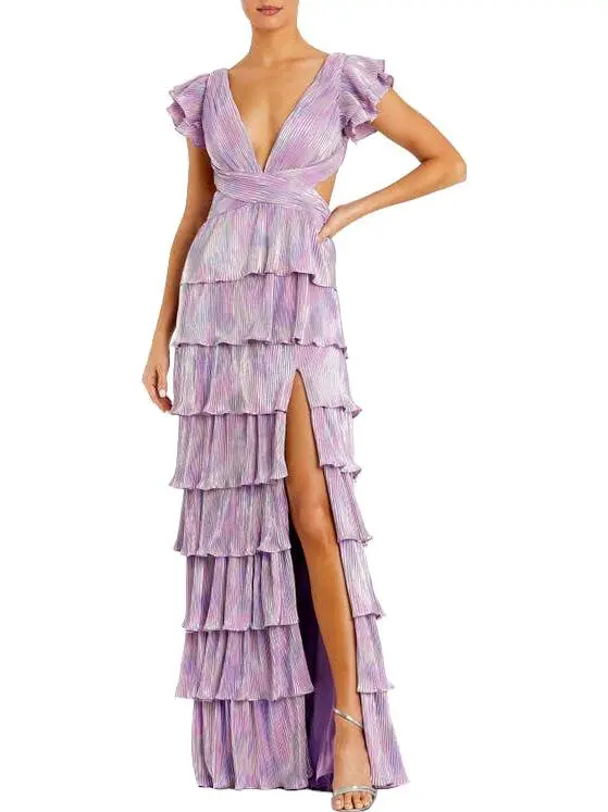 Mac Duggal Ruffle Tiered Lace-up Gown - Purple Multi