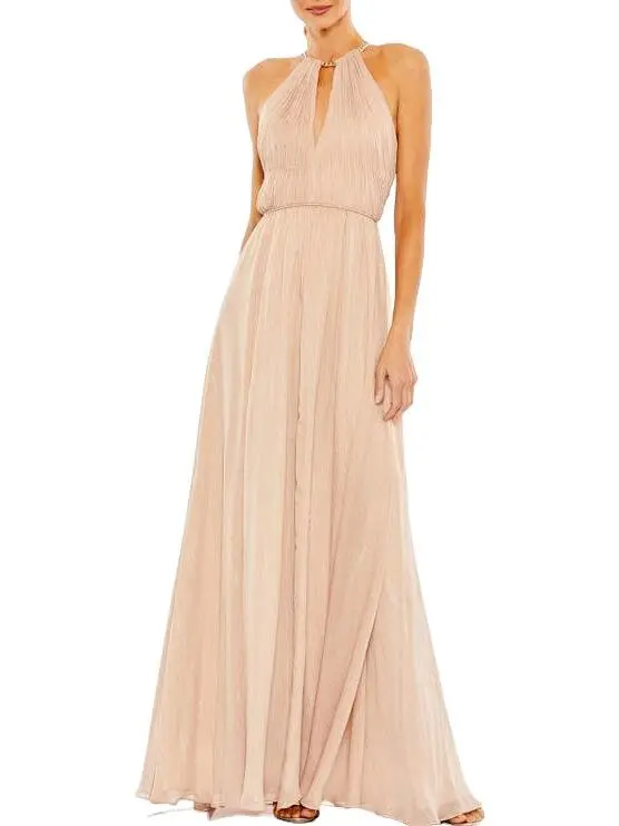 Mac Duggal Chain Trim Keyhole Halter Neck A-line Gown - Beige