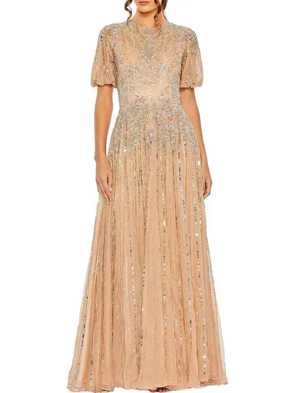 Mac Duggal High Neck Embellished A-line Gown - Taupe