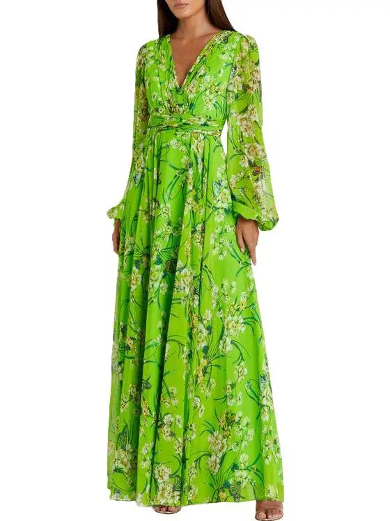 Mac Duggal Puff Sleeve Floral Chiffon Gown - Green Multi