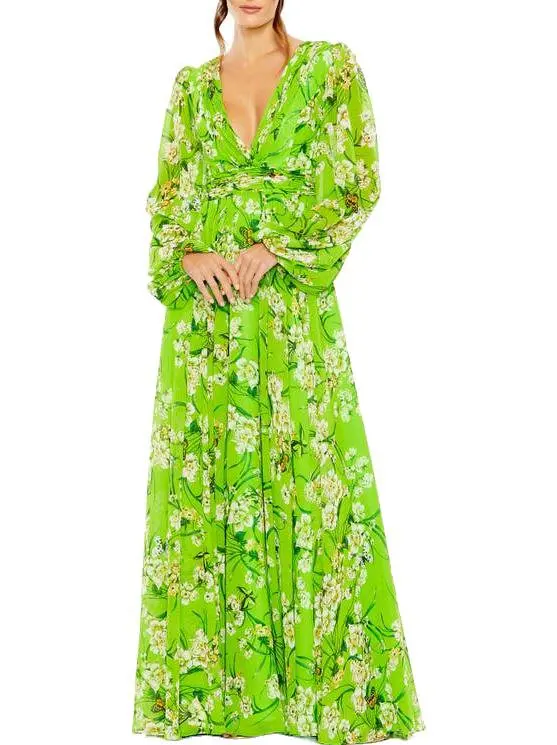 Mac Duggal Puff Sleeve Floral Chiffon Gown - Green Multi