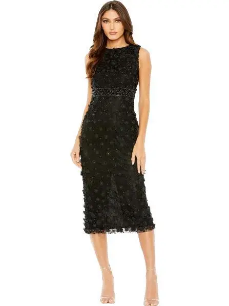 Mac Duggal Floral Applique Midi Dress - Black