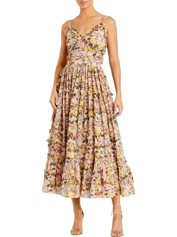 Mac Duggal Floral Print Ruffle Tiered Midi Dress - Ivory Multi