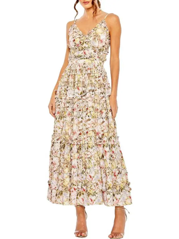 Mac Duggal Floral Print Tiered Ruffle V-neck Midi Dress - Ivory Multi