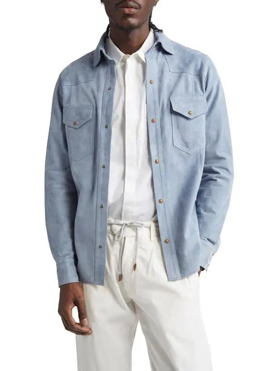 Eleventy Texas Suede Snap-up Shirt - 08 Denim