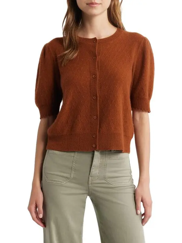 FRAME The Cashmere Pointelle Puff Sleeve Cardigan - Chestnut