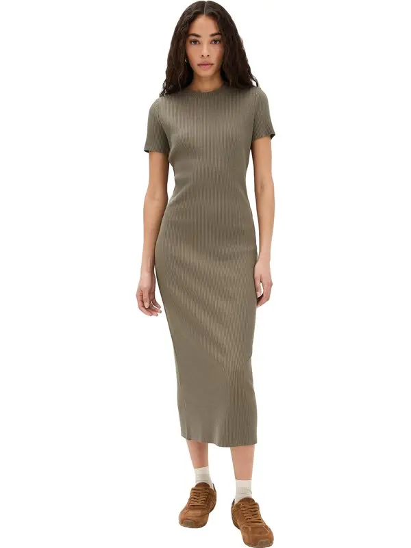 Vince Rib Short Sleeve Midi Dress - Moss Smoke