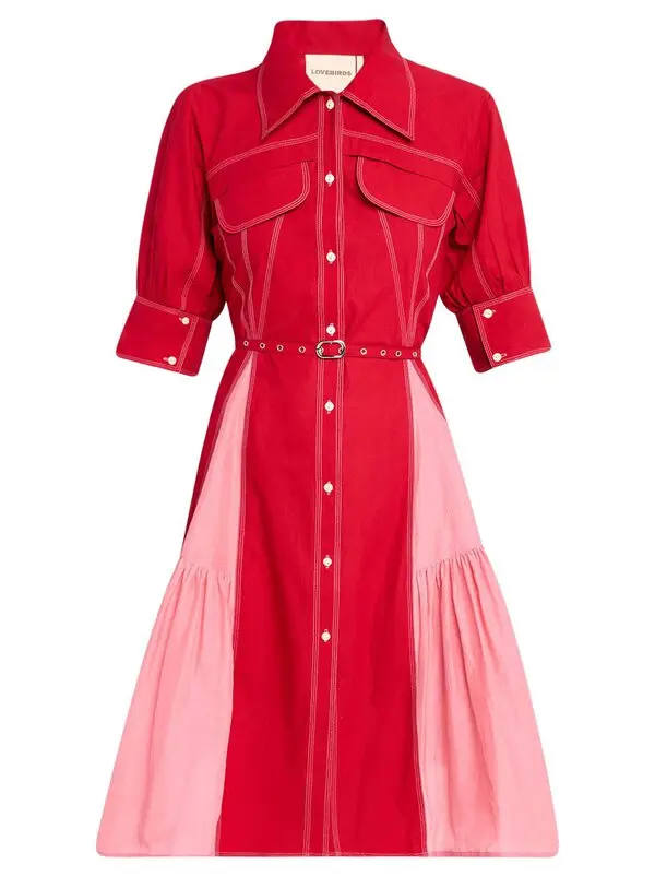 LOVEBIRDS Peik Lin Topstitched Godet Shirtdress - Crimson