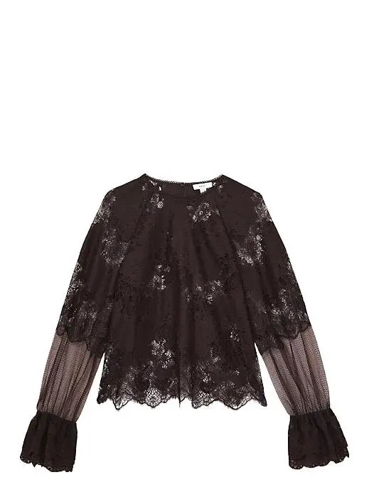 REISS Emilia Flared-cuff Lace Blouse - Chocolate Brown