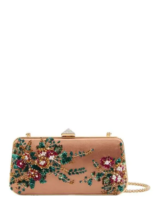 Valentino Garavani Carry Secrets Satin Minaudiere With Floral Embroidery - Champagne/multicolour