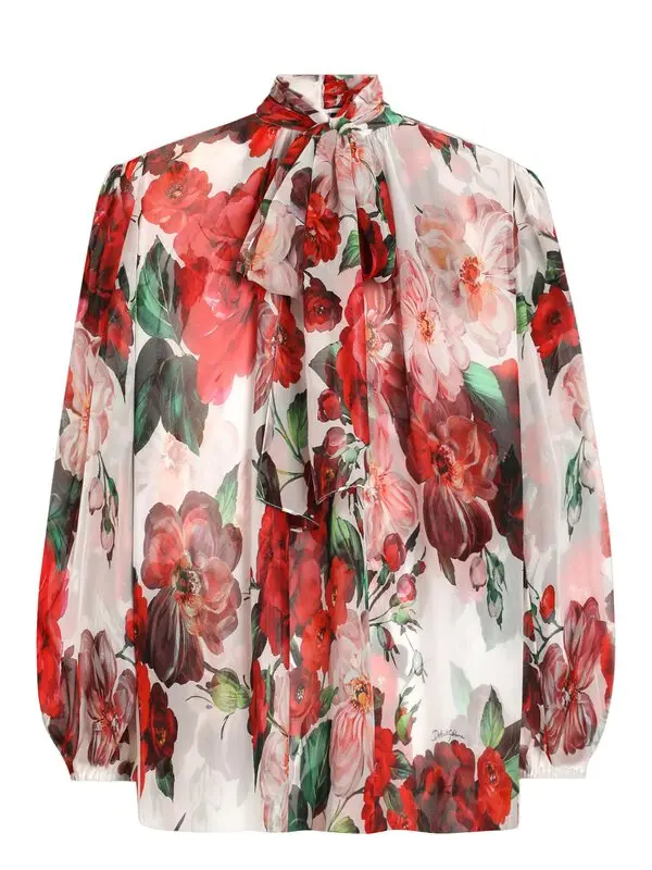 Dolce & Gabbana Chiffon Pussy-bow Blouse With Rose - Print