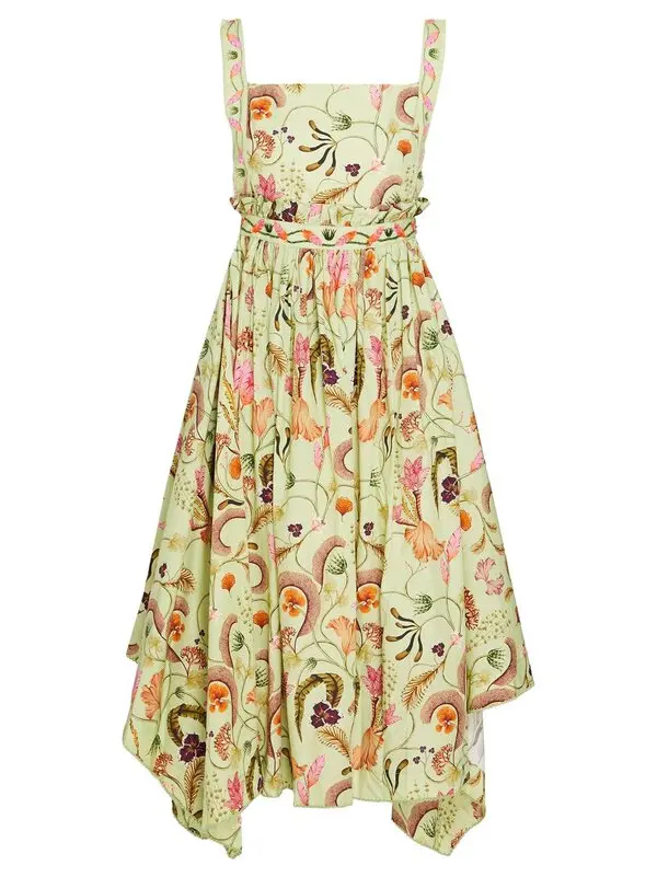 Agua Bendita Lunatus Habitat Floral-print Embellished Cotton Midi Dress - Light Green