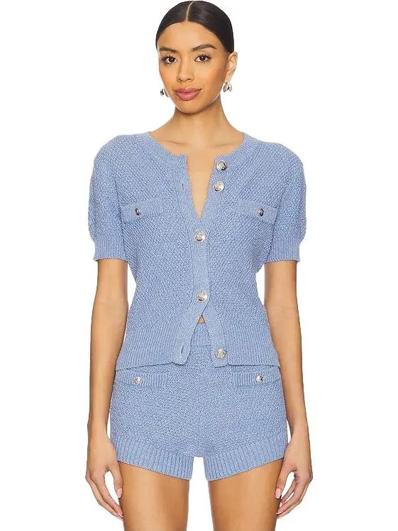 Central Park West Seed Stitch Short Sleeve Cardigan - Blue