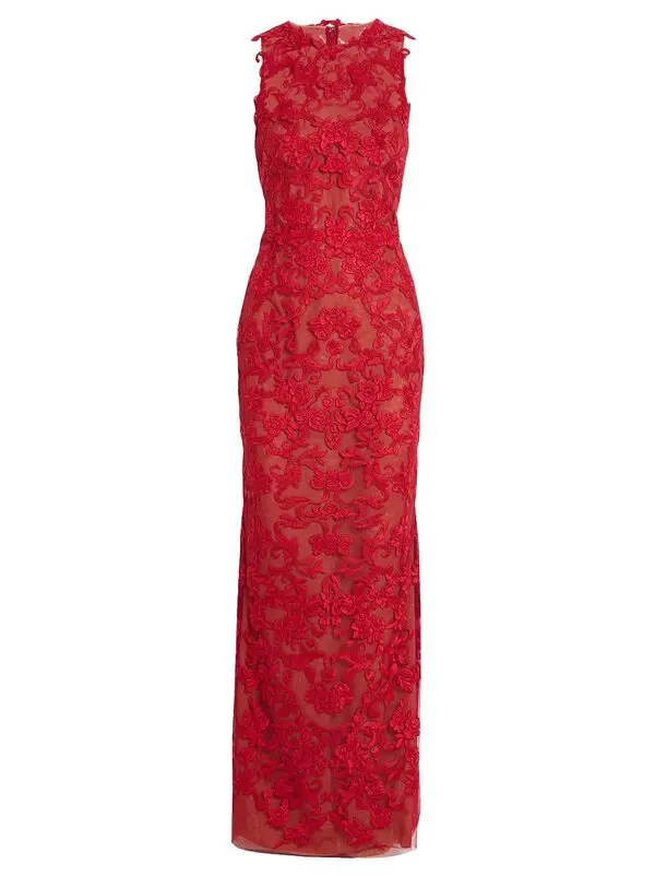 Marchesa Floral-appliquéd Corded Lace Gown - Red