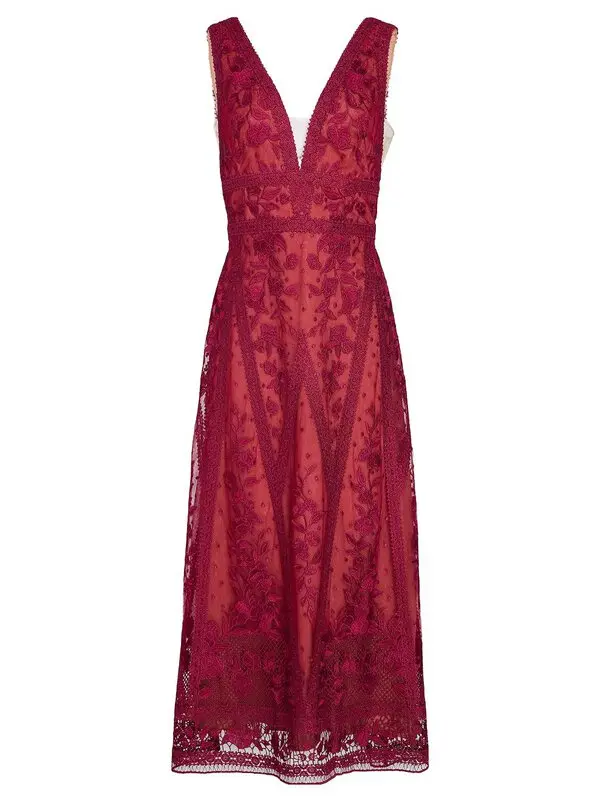 Marchesa Tulle-trimmed Guipure Lace Midi Dress - Burgundy