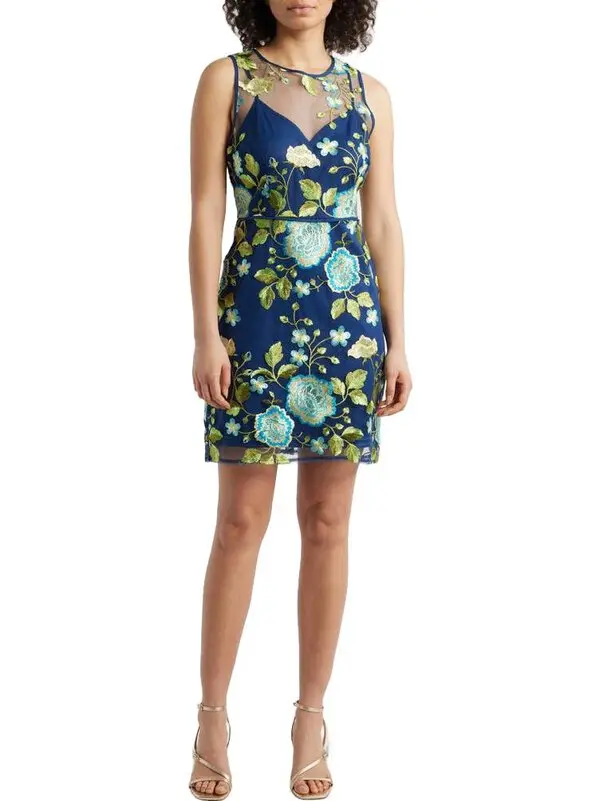 Sam Edelman Embroidered Floral Mesh Minidress - Lime/ Blue