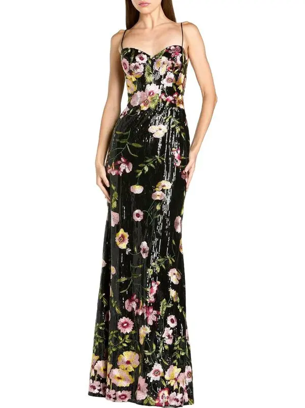 Mac Duggal Sleeveless Bustier Floral Applique Gown - Black Multi