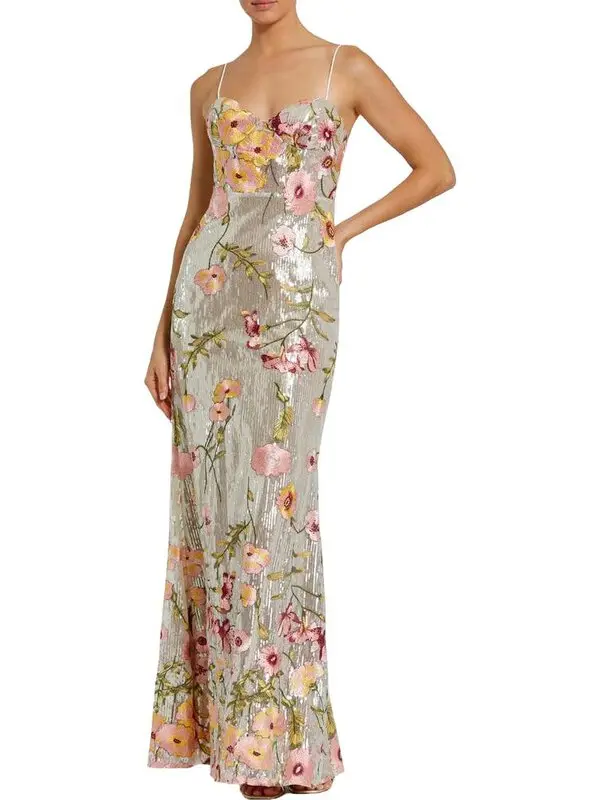 Mac Duggal Sleeveless Bustier Floral Applique Gown - Silver Multi