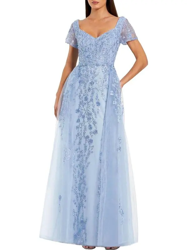 Mac Duggal Beaded Embroidered Overskirt Cap Sleeve Gown - Powder Blue