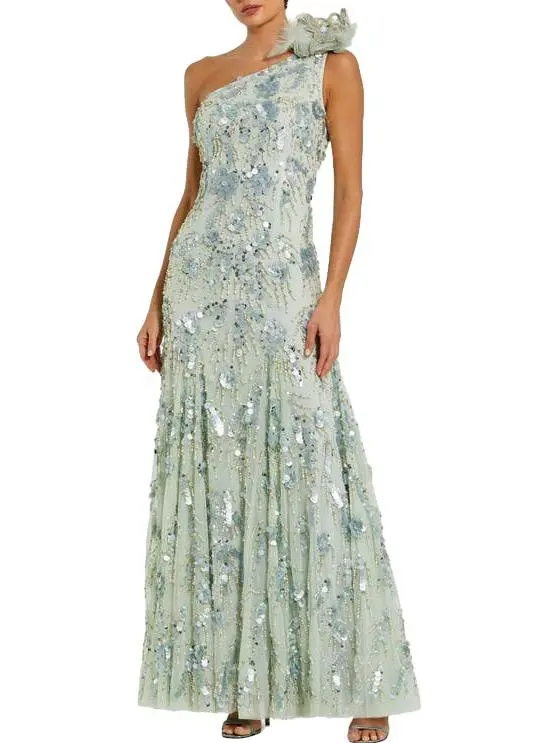 Mac Duggal One-shoulder Beaded Trumpet Gown - Sage