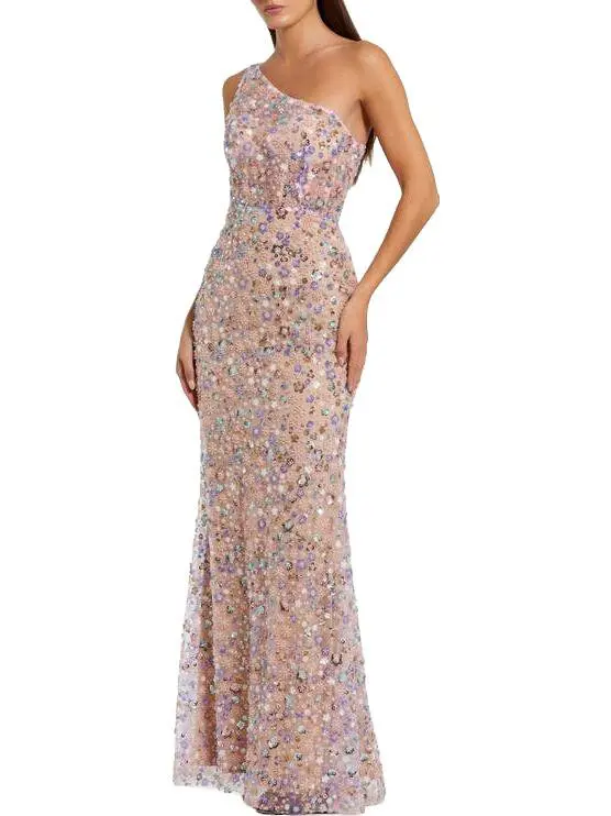 Mac Duggal Floral Embellished One Shoulder Gown - Pink Multi