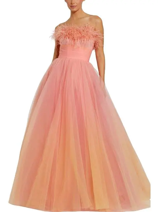 Mac Duggal Strapless Feather Bodice Ombre Tulle Ballgown - Coral Ombre