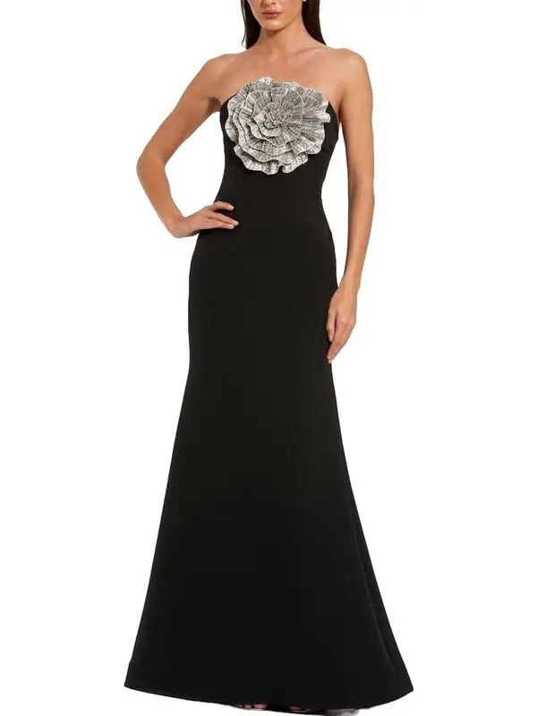 Mac Duggal Strapless Gown With 3d Rhinestone Flower - Black