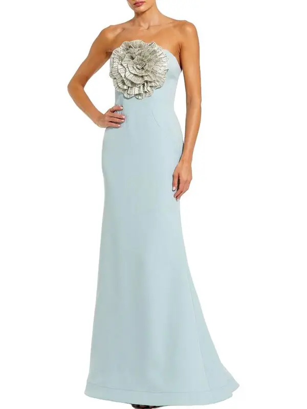 Mac Duggal Crepe Strapless Gown With 3d Rhinestone Flower - Powder Blue