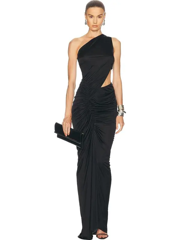 Atlein One Shoulder Ruched Cut Out Gown - Black