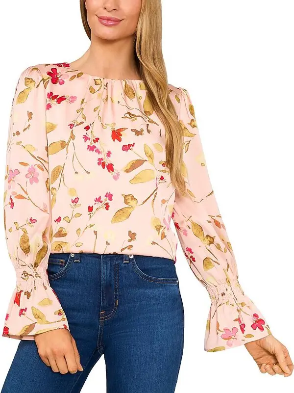 CECE DUPRAZ Printed Smocked Cuff Crewneck Blouse - Sugar Peach