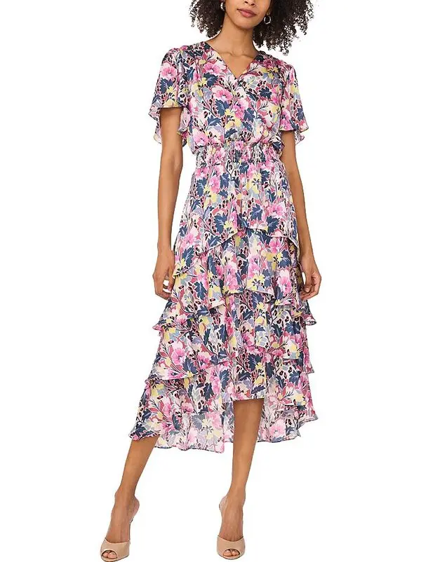 Vince Camuto Crossover Flutter Sleeve Tiered Dress - Violet Blush