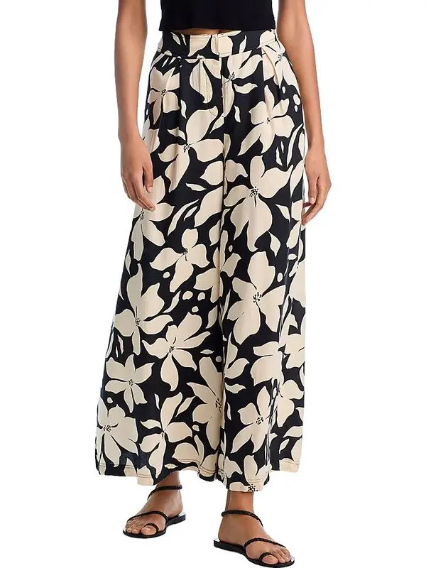 Aqua Ayala Floral Wide Leg Pants - Black/ivory