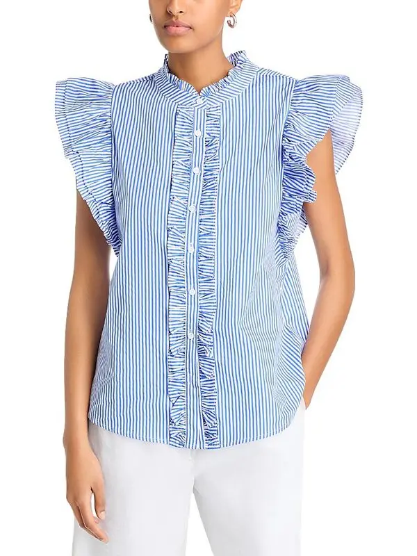 Aqua Stripe Poplin Ruffle Top - Blue/white