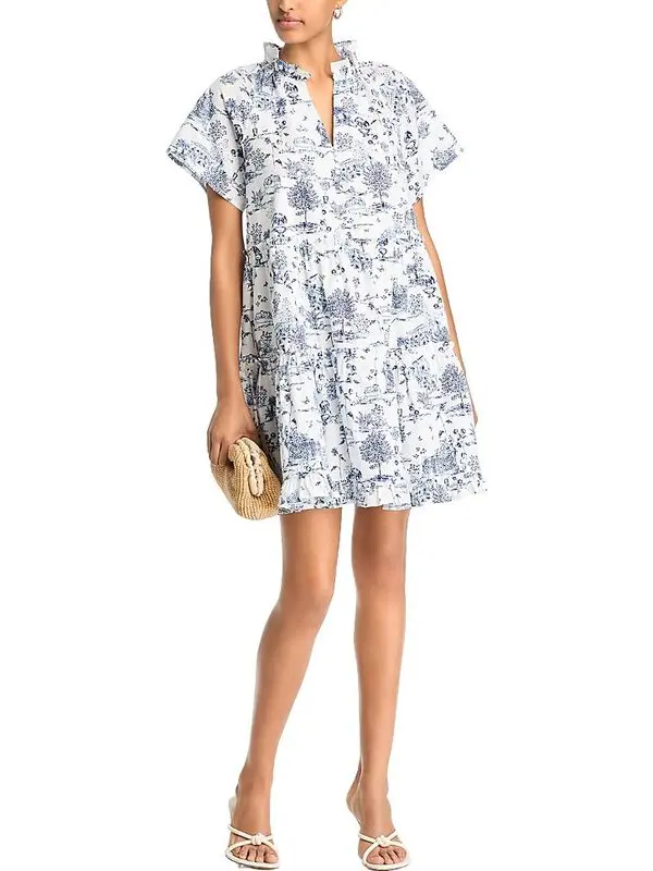 Aqua Toile Short Sleeve Mini Dress - Navy/white