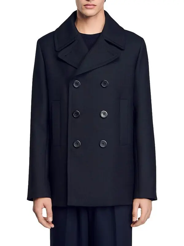 Sandro Double Breasted Pea Coat - Navy Blue