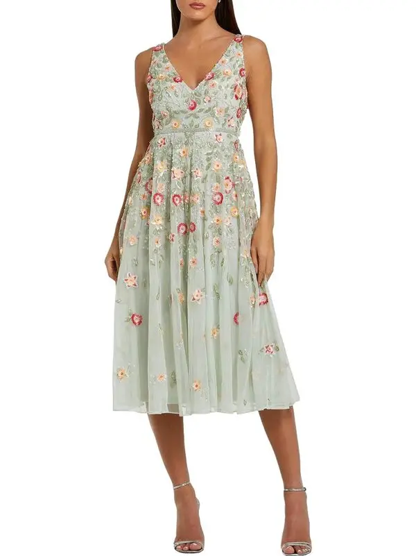 Mac Duggal V-neck Sleeveless Floral Beaded A-line Midi Dress - Sage Multi