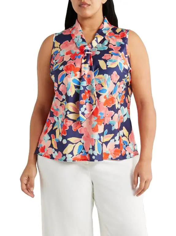 TAHARI ASL Floral Tie Neck Sleeveless Top - Navy Coral Floral