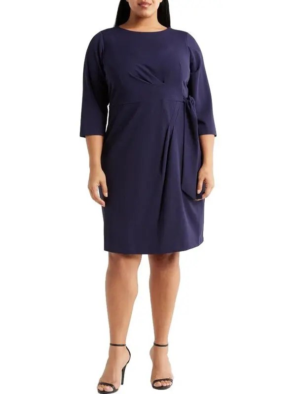 TAHARI ASL Side Tie Faux Wrap Sheath Dress - Midnight Navy